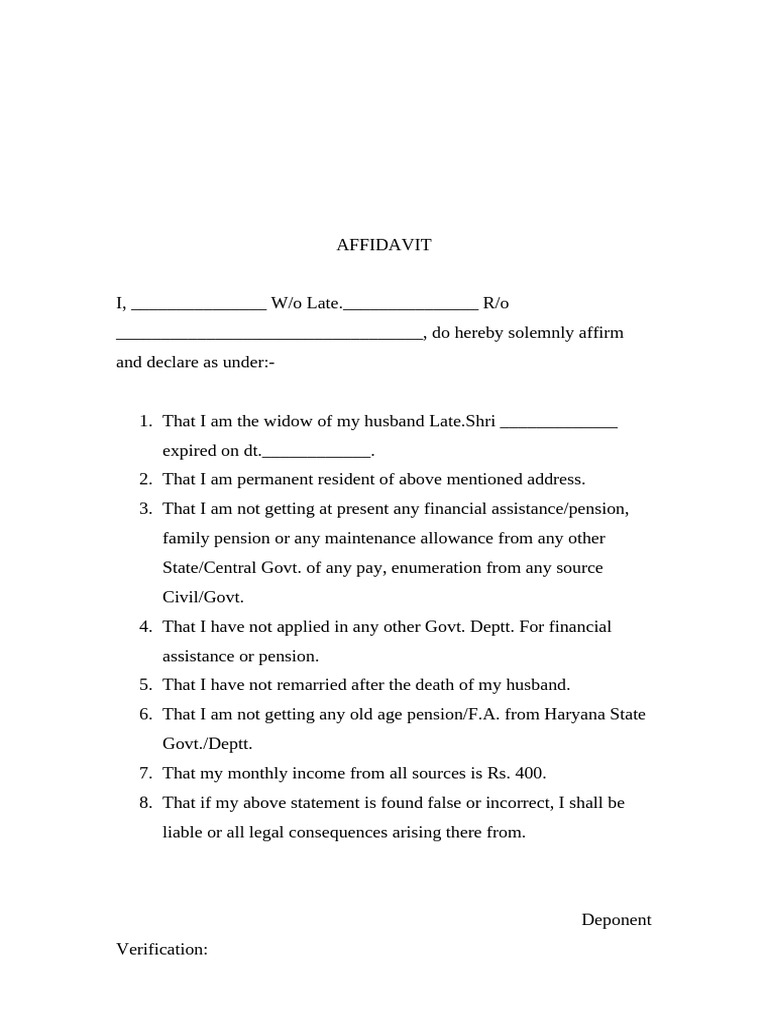 Widow Pension Affidavit Template | PDF | Affidavit