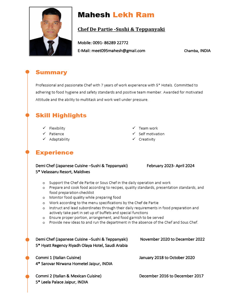Mr. Mahesh Chef-CV | PDF | Chef | Foods