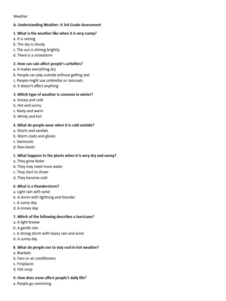 Weather Quiz for 3rd Graders | PDF | Rain | Weather