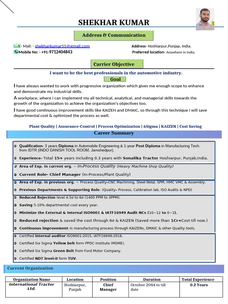 Shekhar Kumar CV | PDF | Iso 9000 | Engineering