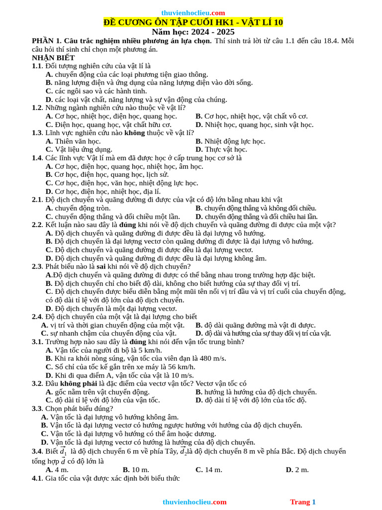 thuvienhoclieu.com-De-cuong-on-tap-HK1-Vat-li-10-KNTT-24-25 | PDF