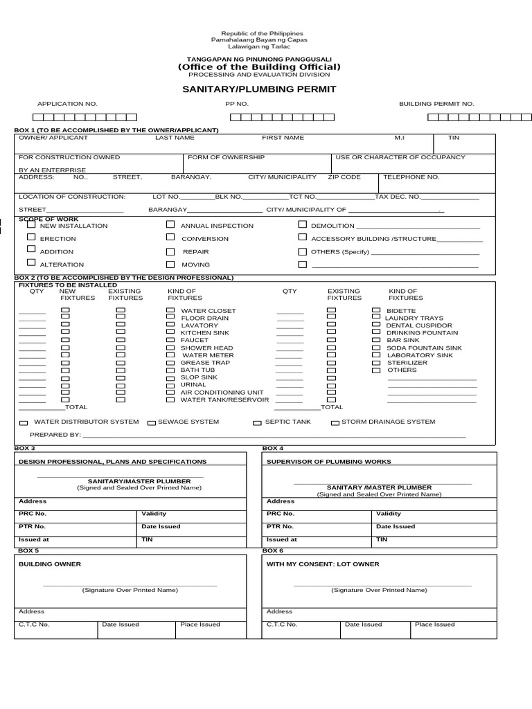 SANITARY PLUMBING PERMIT FORM Front Back 3 Copies | PDF | Plumbing ...