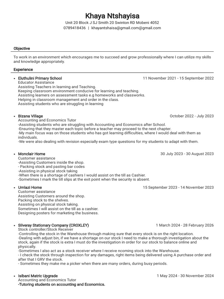Khaya CV August 2024 | PDF | Teachers | Learning