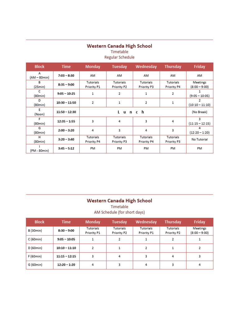 Western Canada HS Timetable | PDF