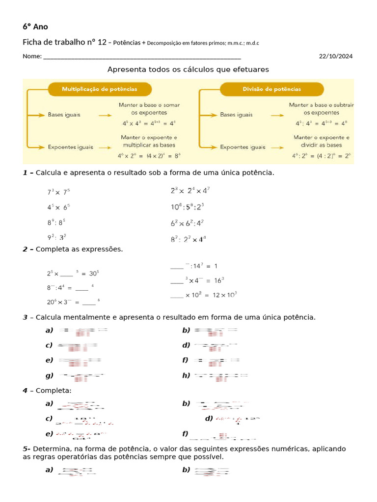 Potências e Fatores Primos: Exercícios 6º Ano | PDF