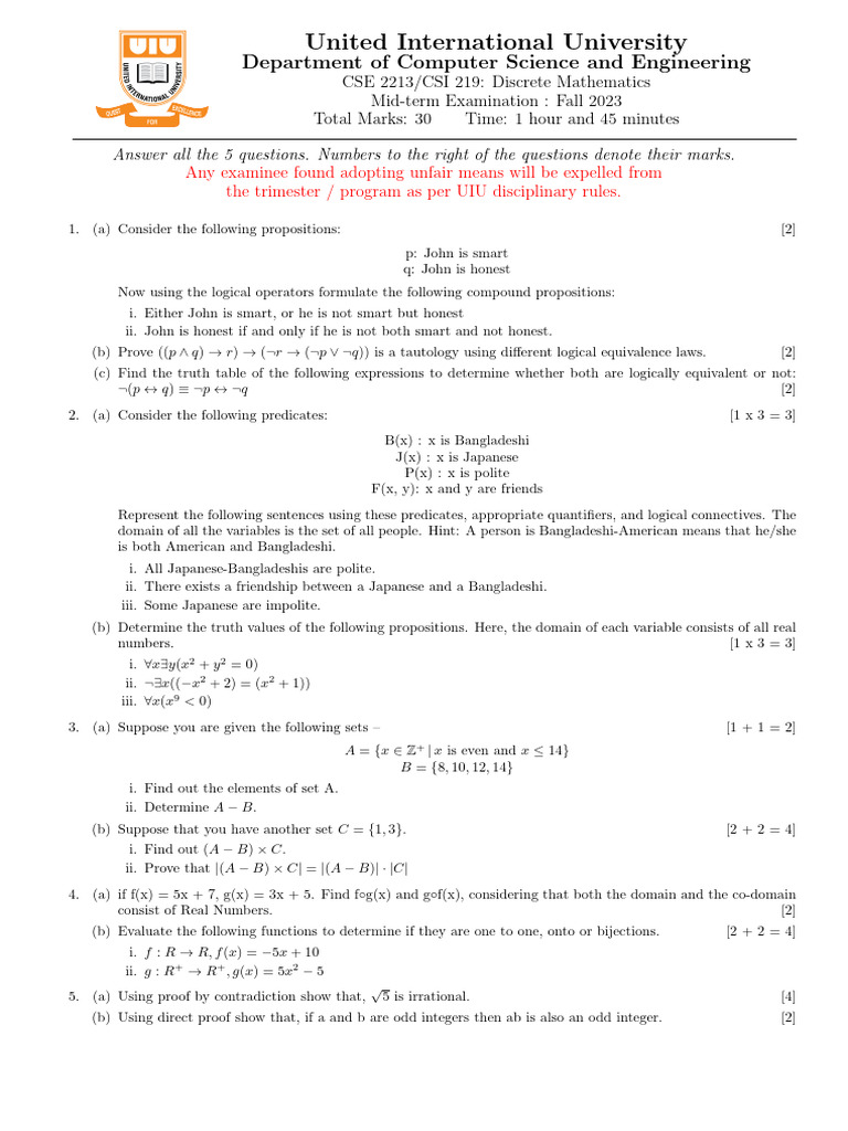 Mid Term Question 233 CSE2213 C MiBa | PDF | Proposition | Syntax (Logic)