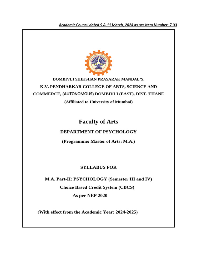 Ma Part Ii Bos Approved Nep Syllaus 2024-2025 | PDF | Thesis | Psychology