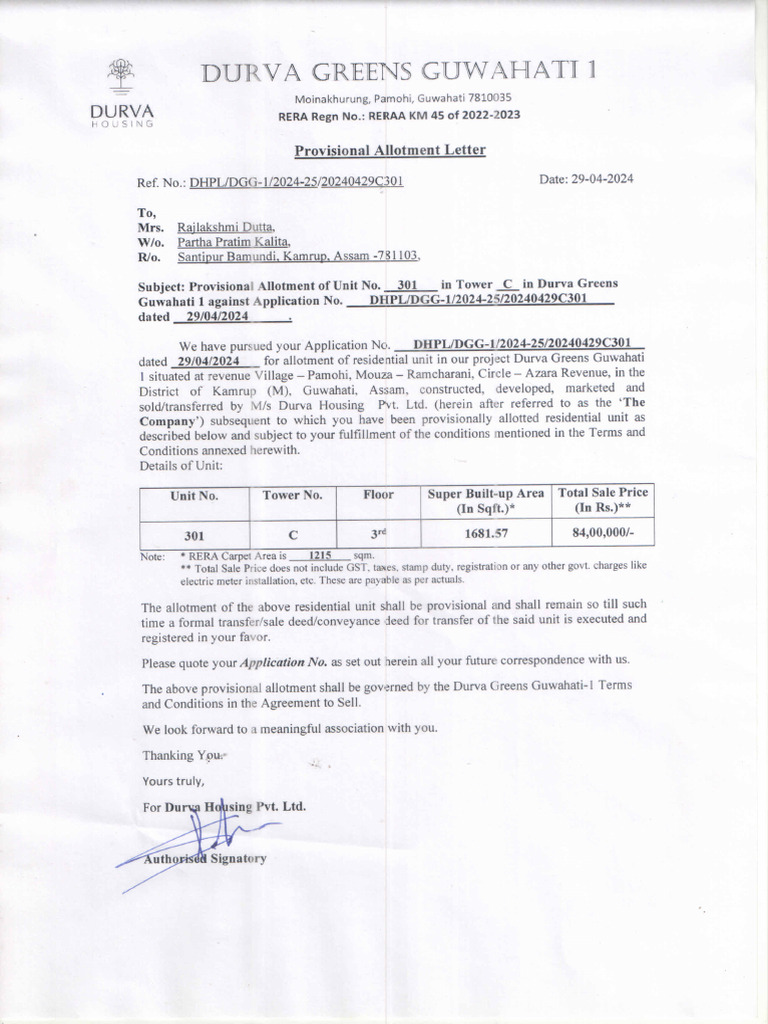 Provisional Allotment Letter | PDF