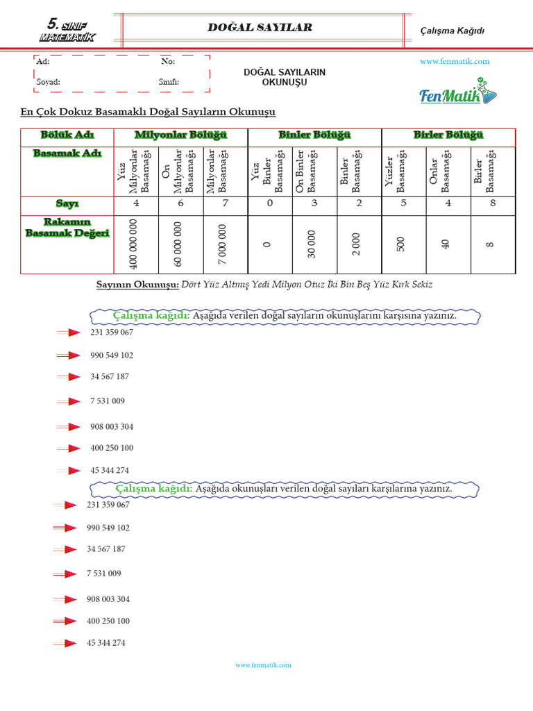5 Sinif Dogal Sayilar 7 8 Ve 9 Basamakli Sayilar Calisma Kagidi | PDF
