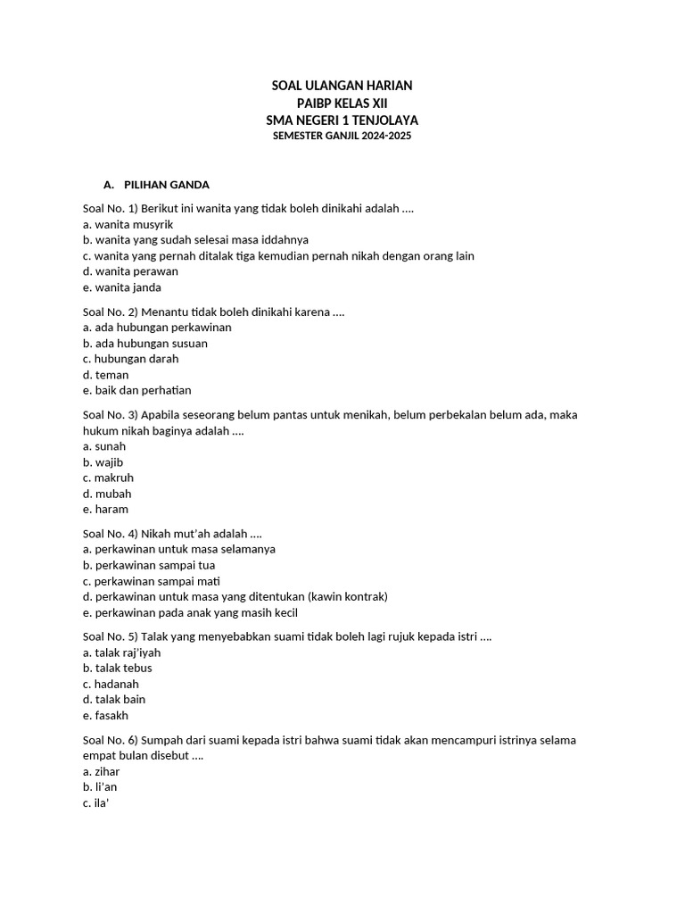 Soal PAI Kls XII_Munakahat_ Ganjil_2024-2025 | PDF