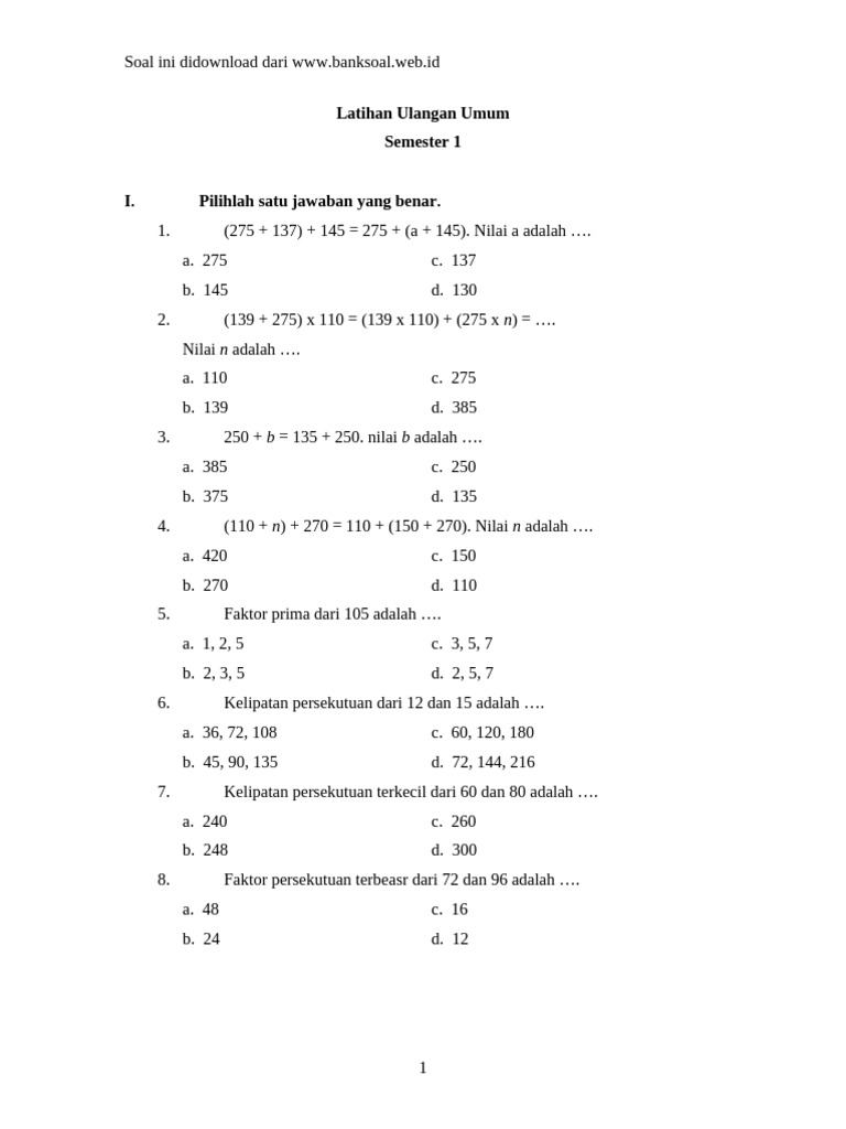 Soal Kelas 5 SD Ulangan Umum Semester I - Matematika | PDF
