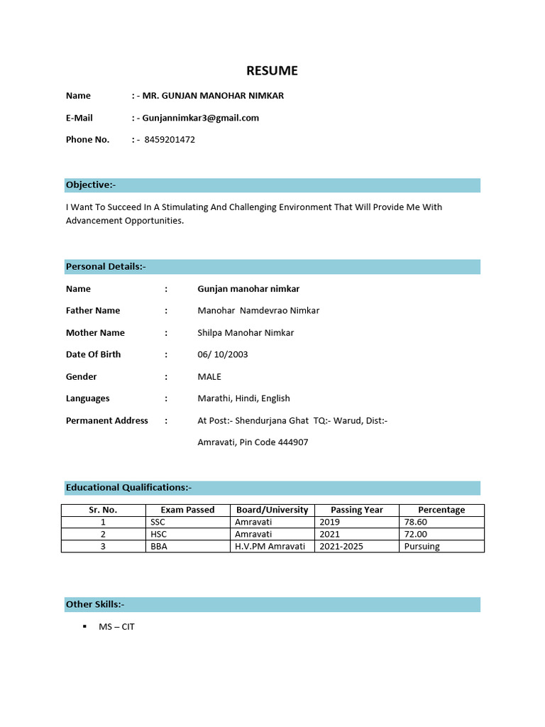 Rusume Gunjan Nimkar | PDF