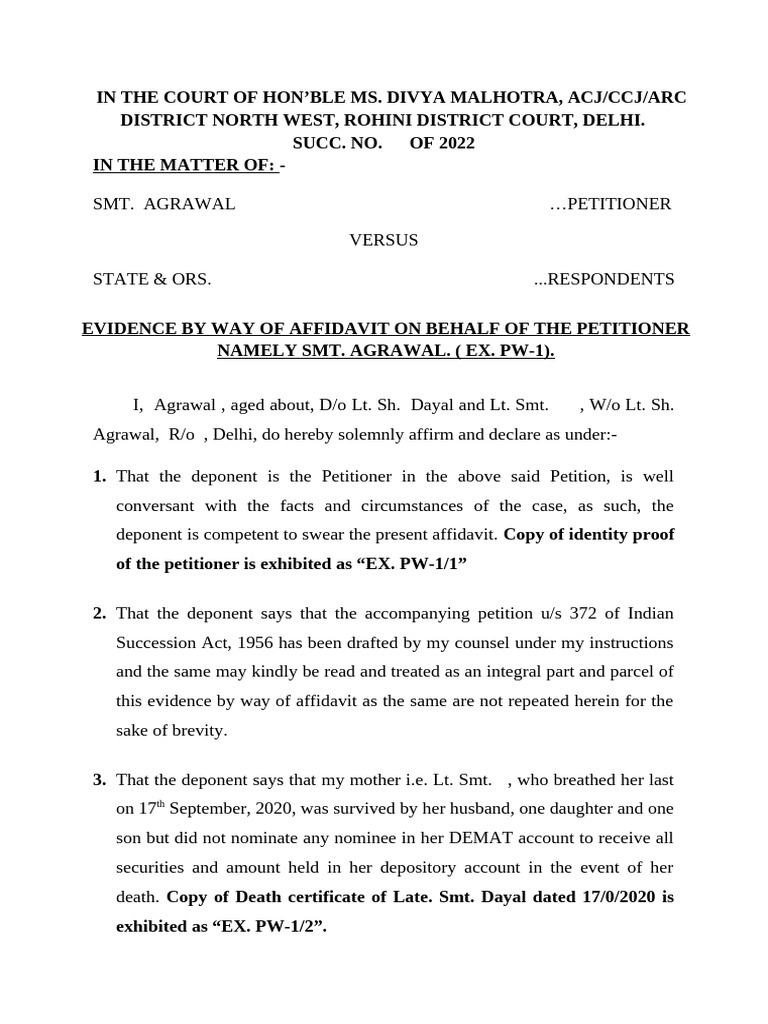 Succession Evidence Affidavit Format | PDF | Affidavit | Common Law