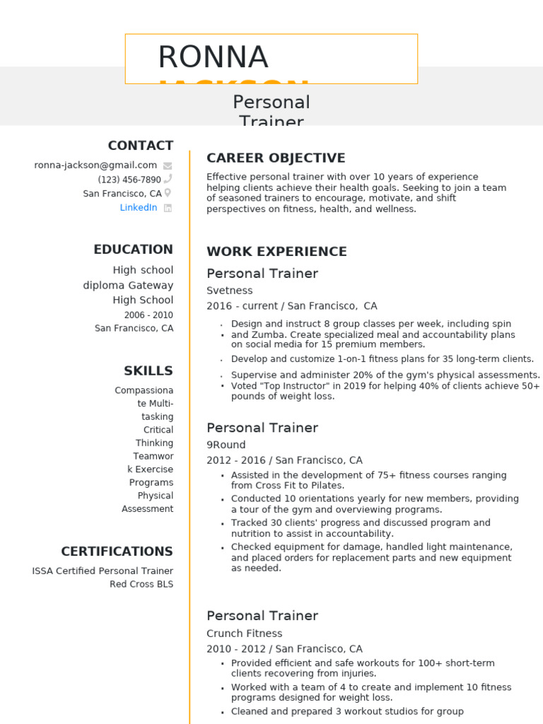 Personal Trainer Resume Example | PDF | Personal Trainer