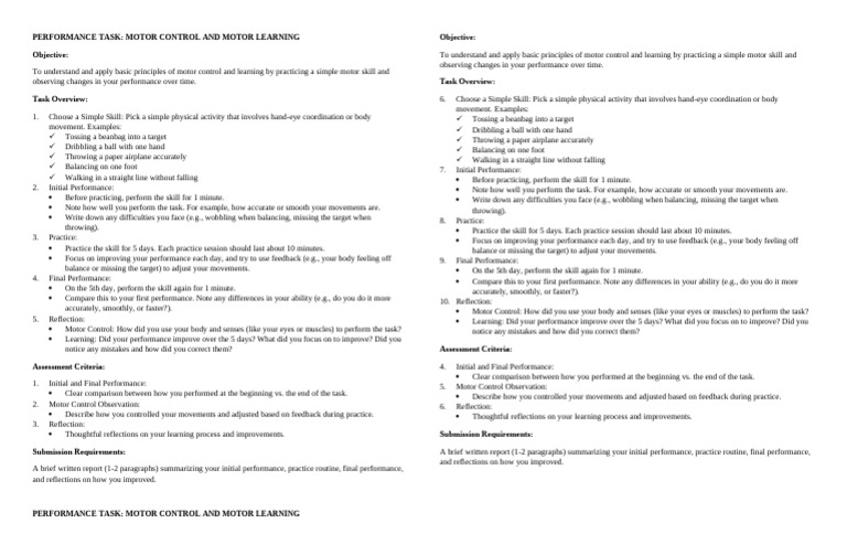 PERFORMANCE TASK Motor Learning and Control | PDF | Motor Control ...