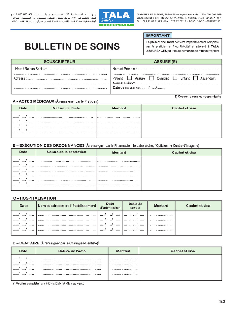 Bulletin de Soins & FICHE DENTAIRE | PDF