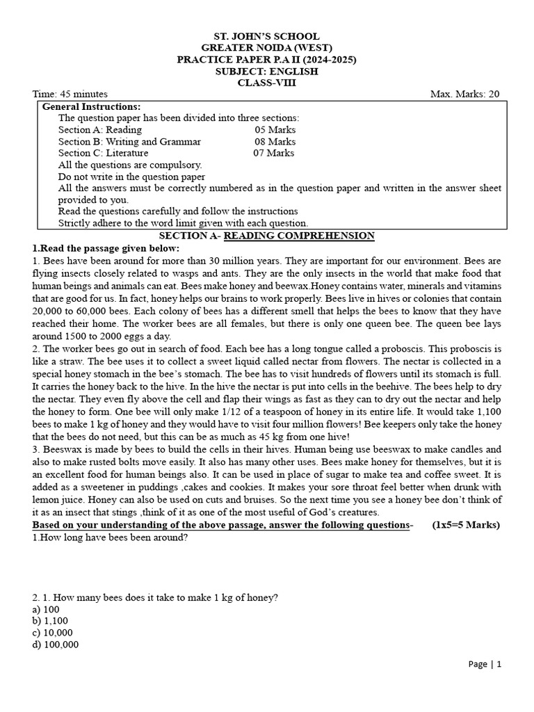 Class VIII English Practice Paper 2024 | PDF | Honey | Bees