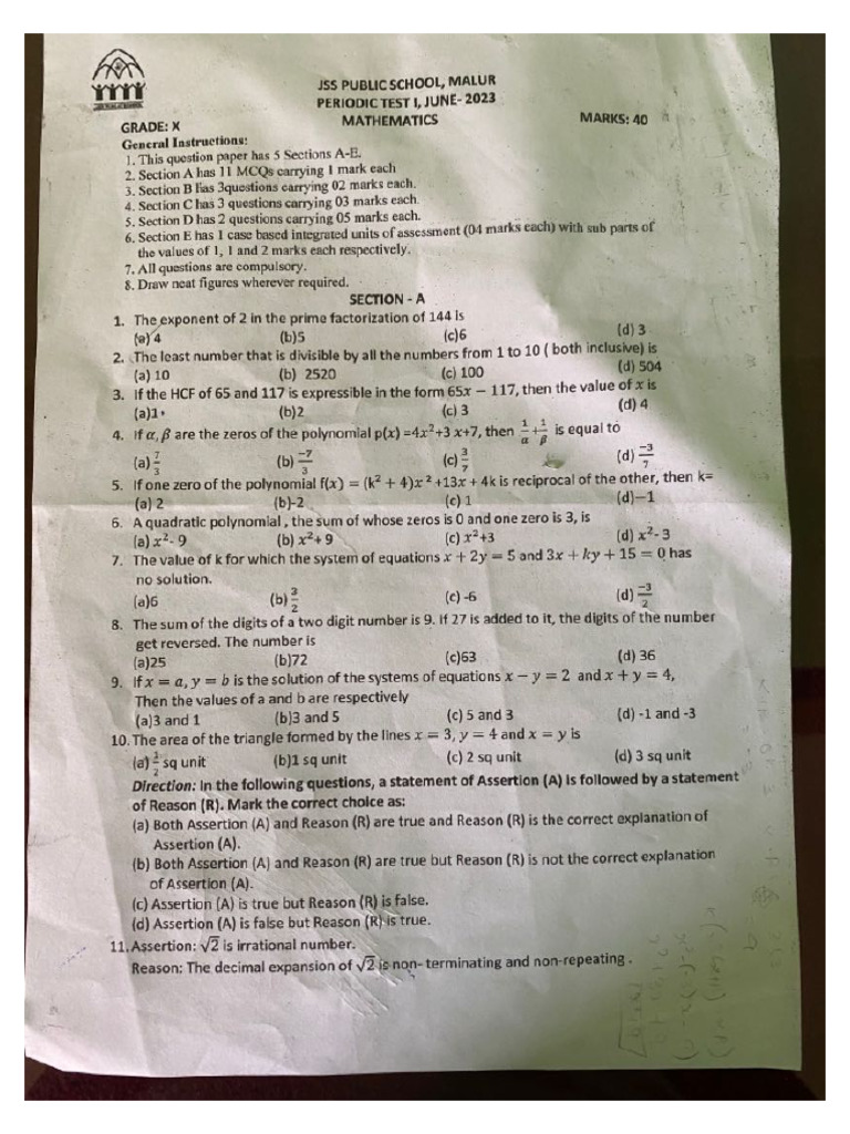 Jss X Periodic Test Question Papers | PDF