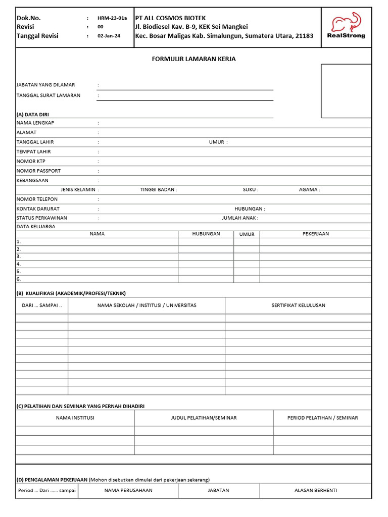 Job Application Form - TEMPLATE (BAHASA) Kosongan | PDF