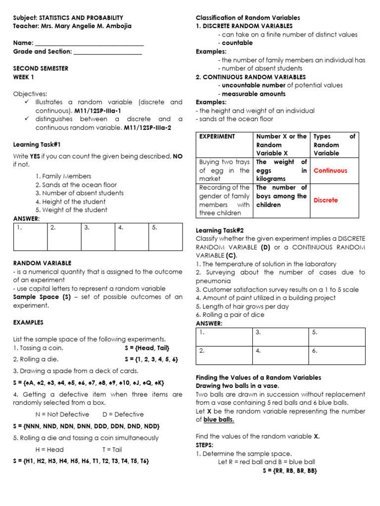 Week1 Random-Variables | PDF | Probability Distribution | Random Variable