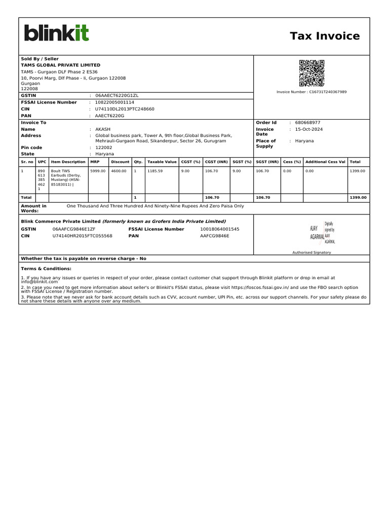 Tax Invoice for Akash - TAMS & Blinkit | PDF | Invoice | Economy Of India
