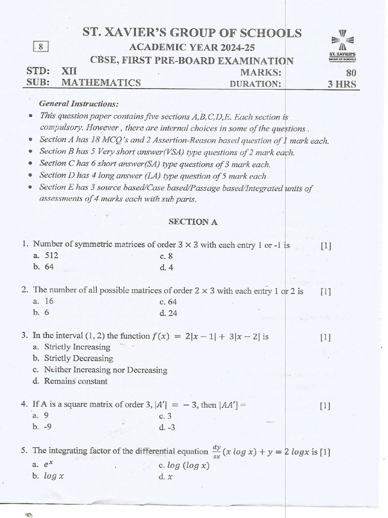 Mathematics-Std. XII Q.P. 24-25 | PDF