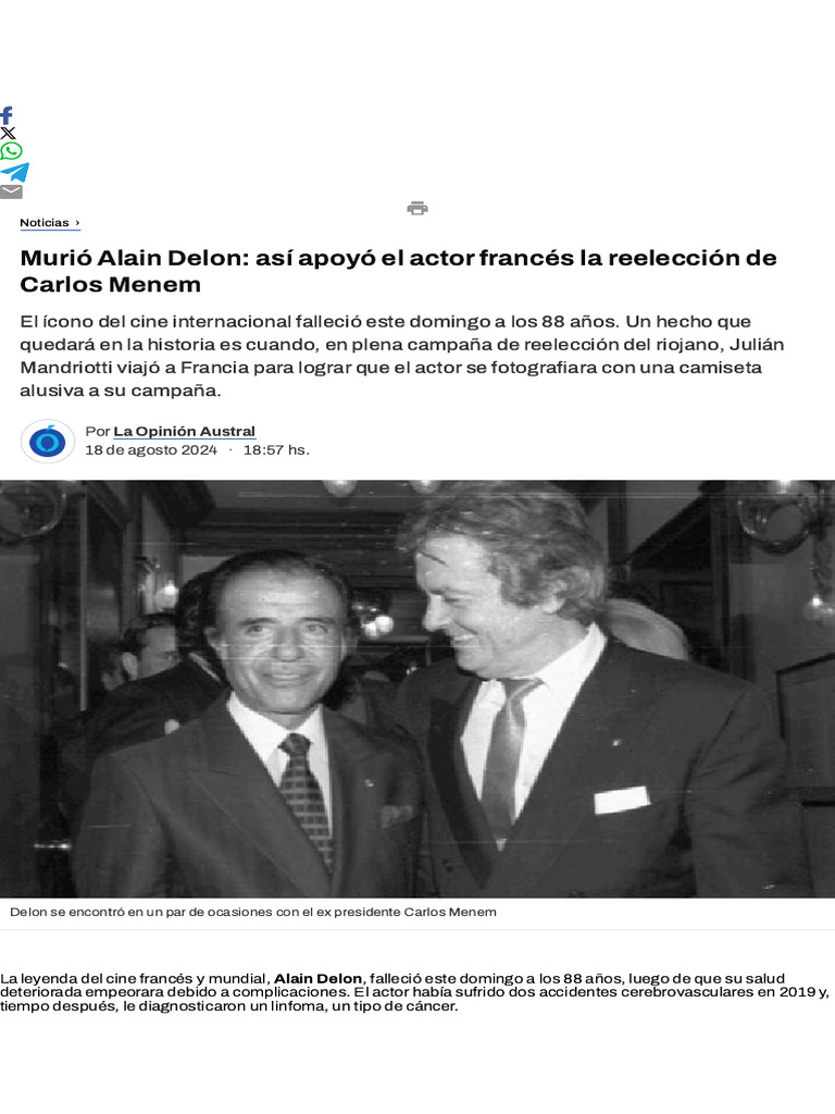 Murió Alain Delon - Así Apoyó El Actor Francés La Reelección de Carlos Menem - La Opinión ...