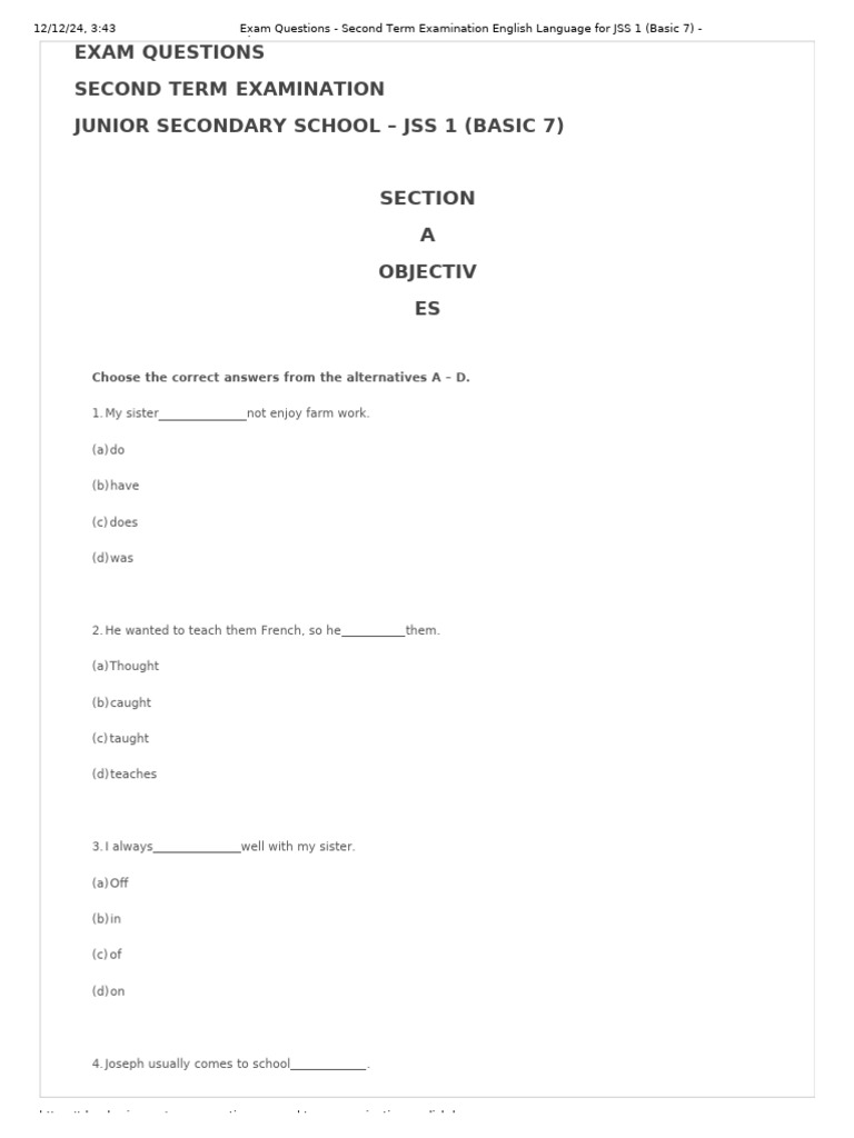 JSS 1 Second Term English Exam Questions | PDF | Roof