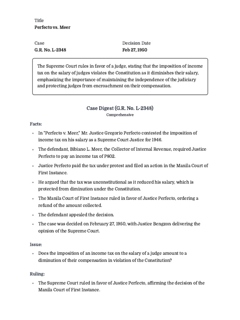 II - B (Pre-Requisite Digest) G.R. No. L-2348 - Perfecto vs. Meer | PDF | Supreme Court Of The ...