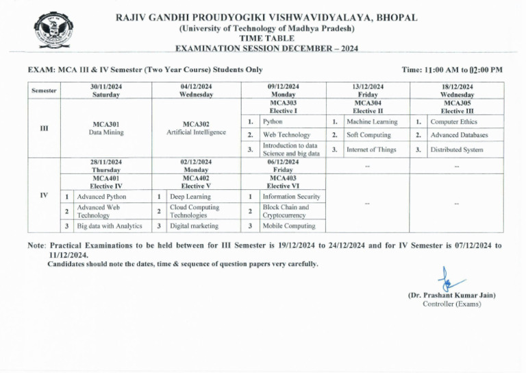 MCA 3rd Sem Time Table | PDF