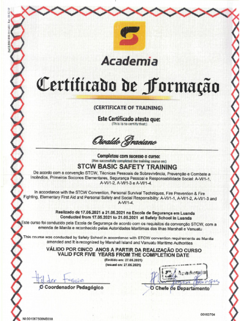 Osvaldo Graciano - STCW Basic Safety Training Expire 2025 | PDF