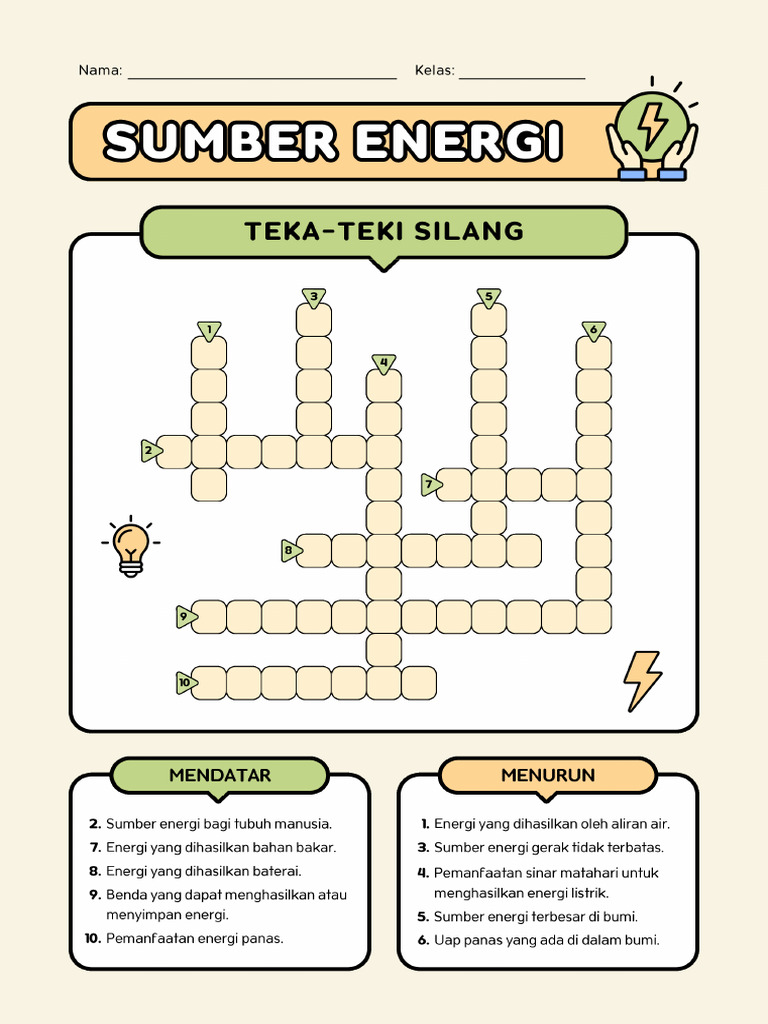 Sumber Energi Lembar Kerja Pendidikan IPAS Teka-Teki Silang Ilustrasi Garis | PDF