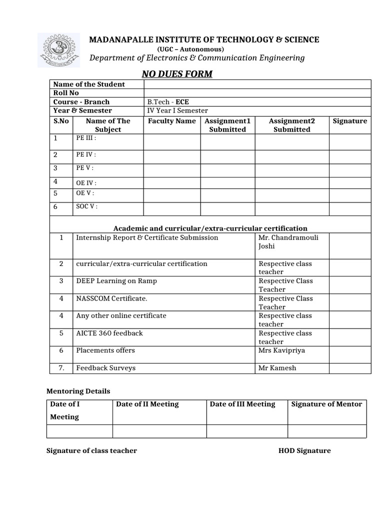 ECE B.Tech No Dues Form Template | PDF