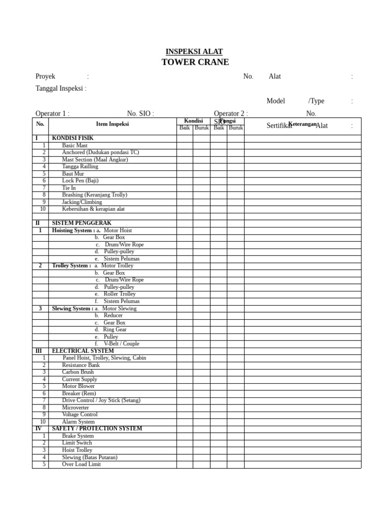 Form Inspeksi Tower Crane | PDF | Crane (Machine) | Equipment