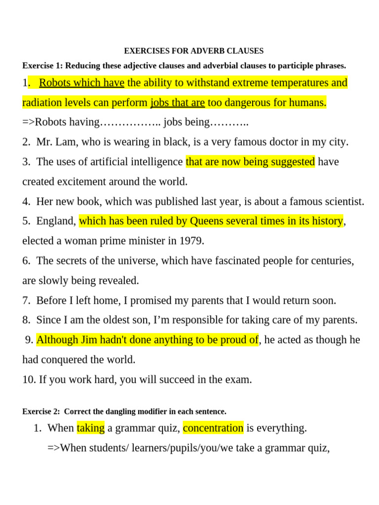 Exercises For Adverb Clauses | PDF | Adverb | Syntax