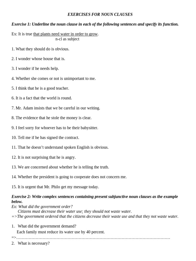 Exercises For Noun Clauses | PDF | Sentence (Linguistics) | Grammar