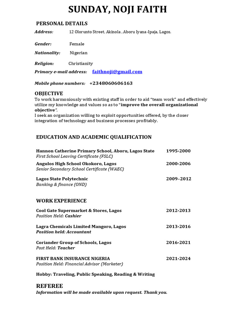 FAITH NOJI RESUME DOCX | PDF