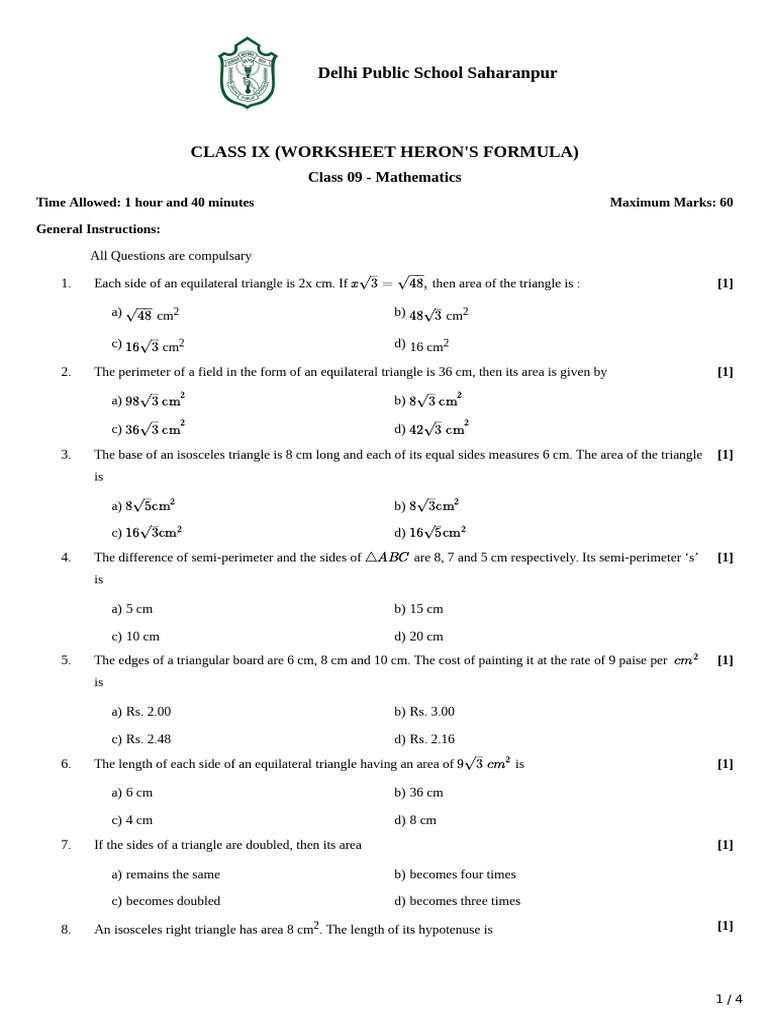 Worksheet Heron's Formula | PDF | Area | Triangle