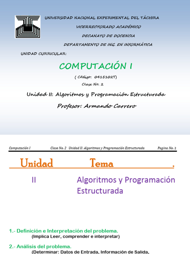 Clase No. 2. Unidad II Algoritmos y Programación Estructurada | PDF | Algoritmos | Programa de ...