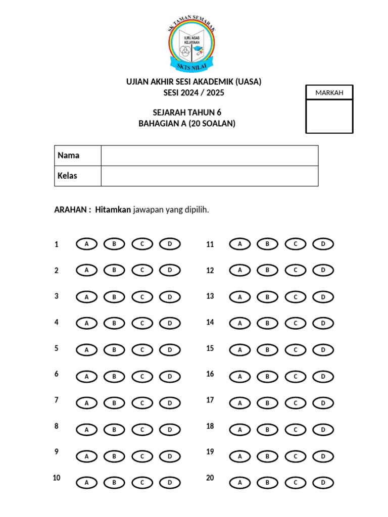 Kertas - OMR - 20 - Soalan - UASA - Muzik 2024 | PDF