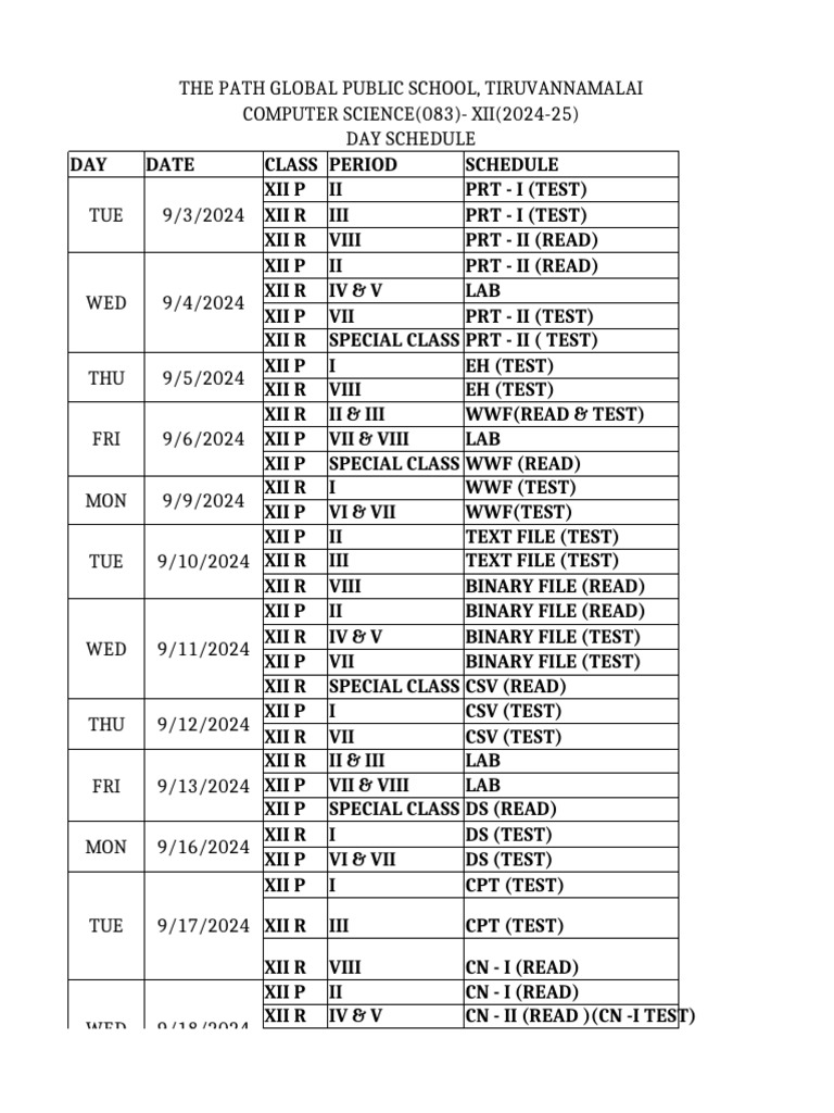 Day Schedule Class Xii-Cs | PDF | Computer Data | Data