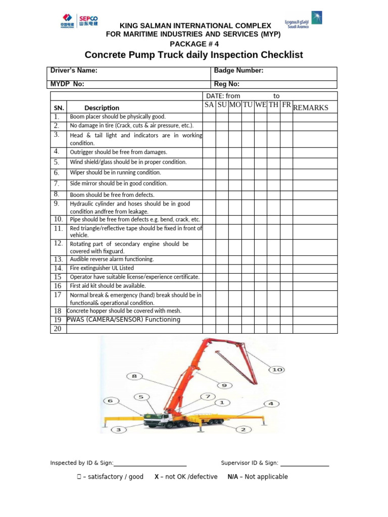 Concrete Pump Truck Daily Checklist | PDF