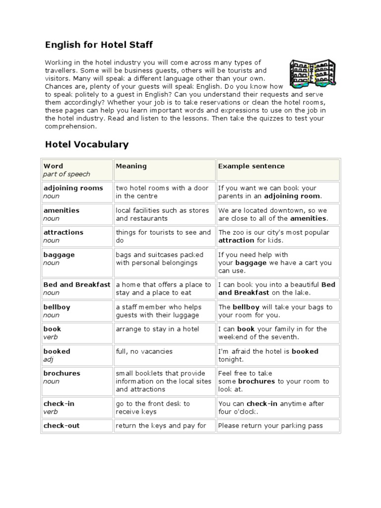English Skills for Hotel Staff | PDF | Hotel | Motel