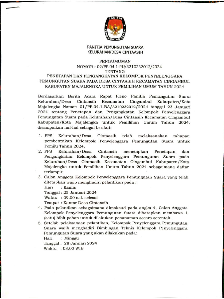 Pengumuman Penetapan Dan Pengangkatan Kpps - Cintaasih | PDF