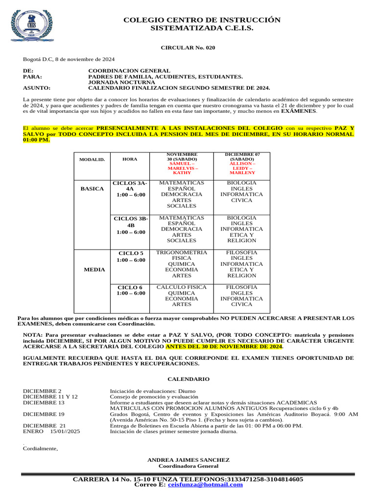 Circular 020 Funza Finalizacion Sabados 2024 Final | PDF