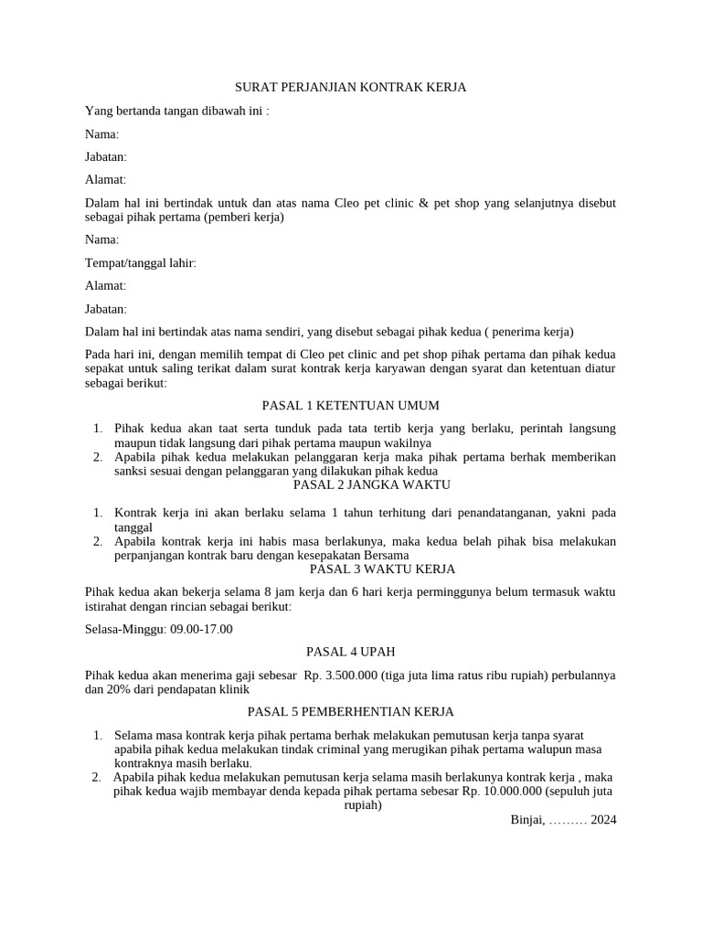 Surat Perjanjian Kontrak Kerja | PDF