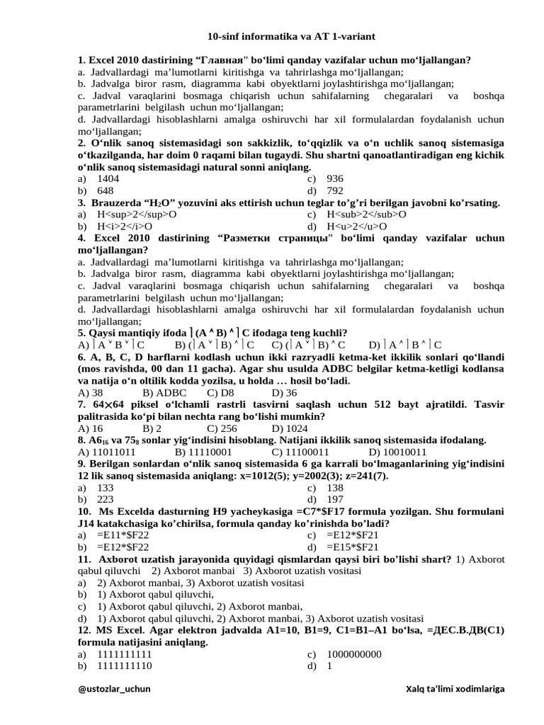 Informatika Test 10 Sinf Olimpiada 3 | PDF