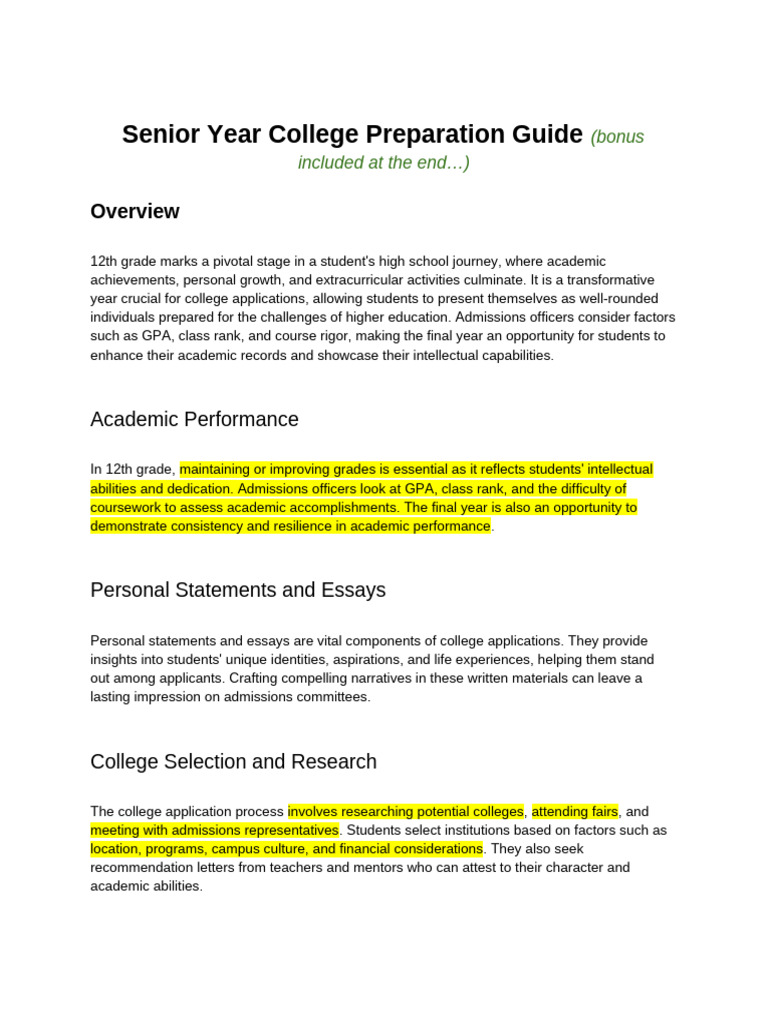 Senior Year College Preparation Guide | PDF | Essays | Entrepreneurship