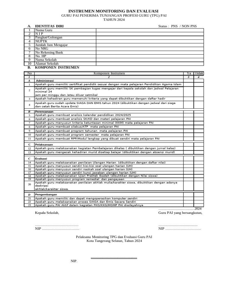 Instrumen Monev TPG 2024 Untuk GURU PAI | PDF