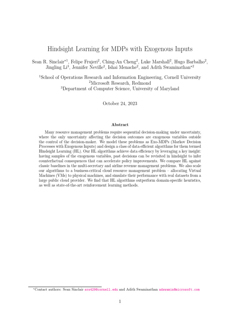 Hindsight Learning For Mdps With Exogenous Inputs: Contact Authors ...